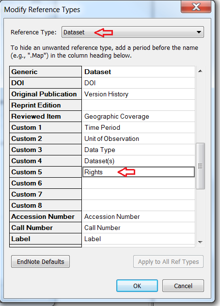 Modifying the dataset reference type in EndNote X7 or X8